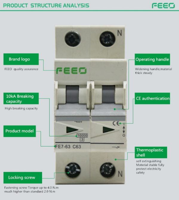 Aptomat bảo vệ mạch AC (MCB AC) AC 2P 63A 230VAC, 10KA FE7-63 FEEO - GiaMinhSolar